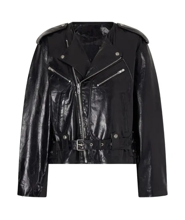 R13 Belted Embellished Leather Biker Jacket - Black