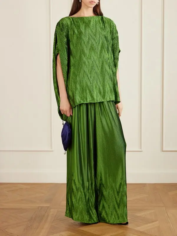 DIMA AYAD Metallic Plissé-satin Wide-leg Pants