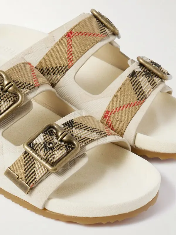 Burberry Checked Canvas Jacquard-trimmed Suede Sandals