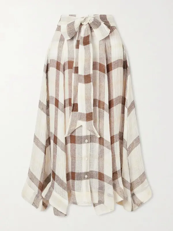 Lisa Marie Fernandez Tie-detailed Checked Linen-blend Gauze Midi Skirt - Neutrals