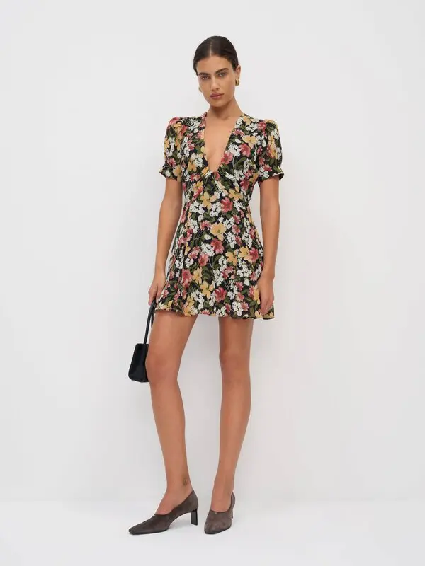 REFORMATION Akaia Mini Dress With Puff Sleeves - Black