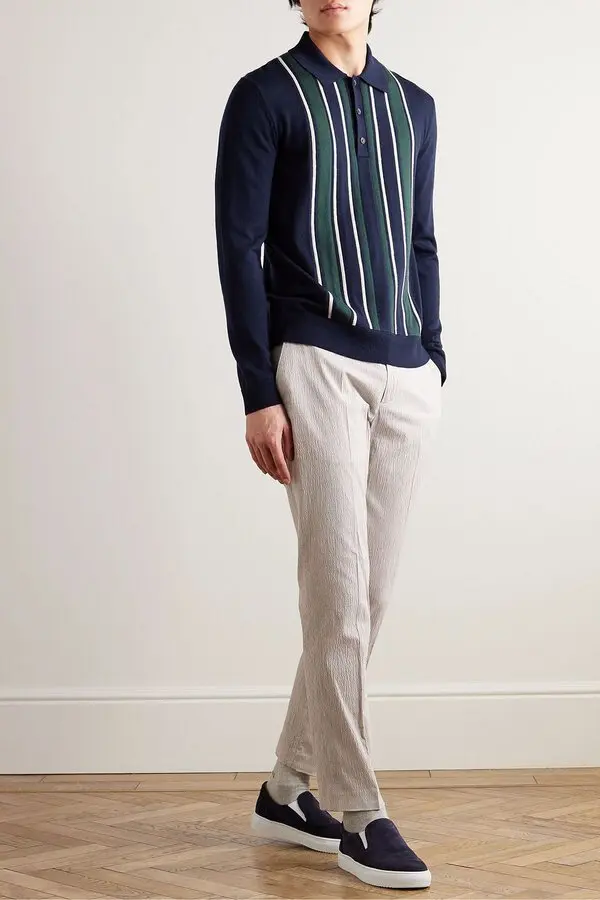 Mr P. Golf Striped Merino Wool Polo Shirt