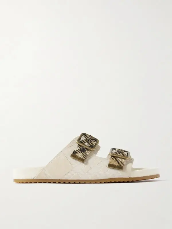 Burberry Checked Canvas Jacquard-trimmed Suede Sandals - Neutrals