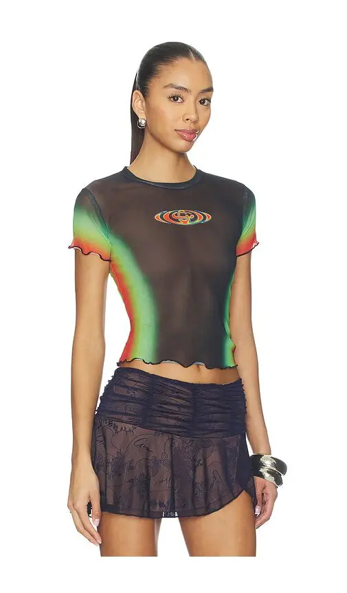 Casablanca Scallop Short Sleeve Printed Mesh Top