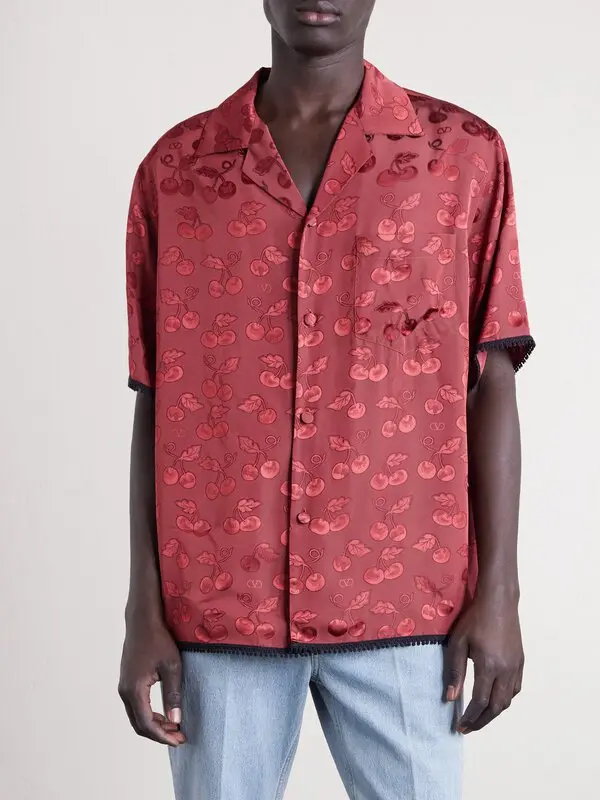 Valentino Garavani Cherryfic Camp-collar Crochet-trimmed Jacquard Shirt - Red