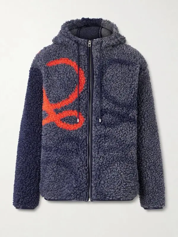 Loewe Leather-trimmed Fleece-jacquard Hooded Jacket - Blue