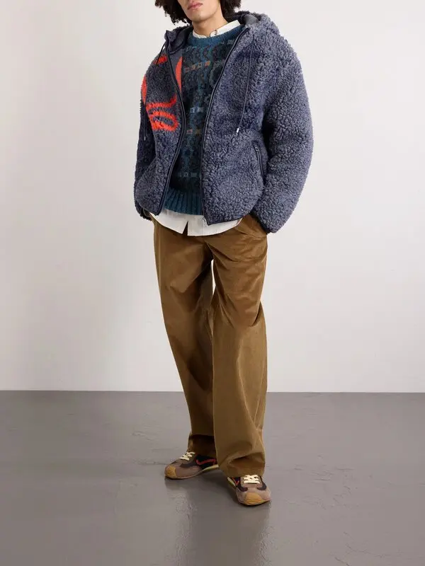 Loewe Leather-trimmed Fleece-jacquard Hooded Jacket - Blue