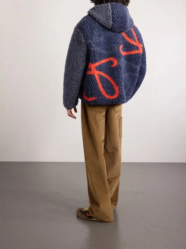 Loewe Leather-trimmed Fleece-jacquard Hooded Jacket - Blue