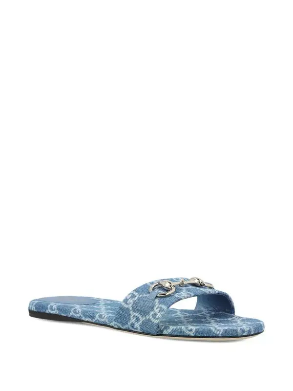 Gucci Horsebit Gg-pattern Flat Sandals - Blue