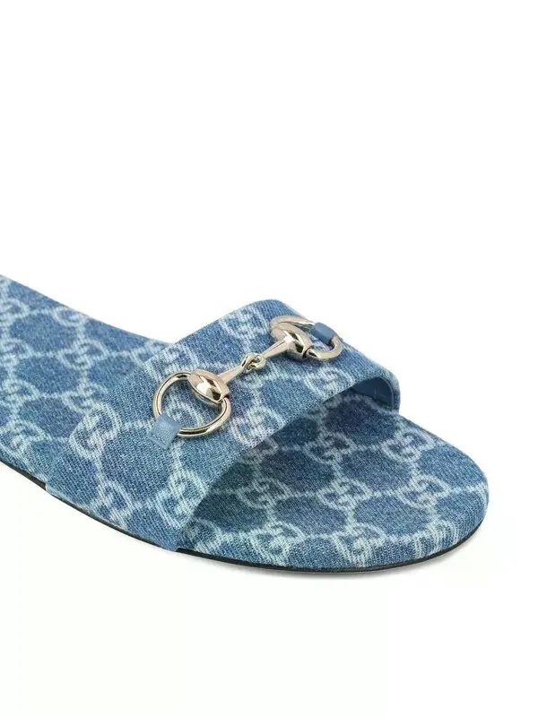 Gucci Horsebit Gg-pattern Flat Sandals - Blue