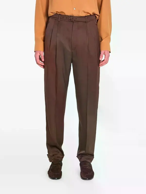 Saint Laurent Belted Pleated Trousers In Chocolate Silk