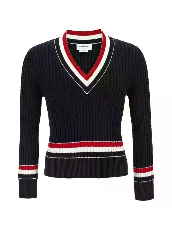 Thom Browne Braid Tape V-neck Cotton Sweater - Blue