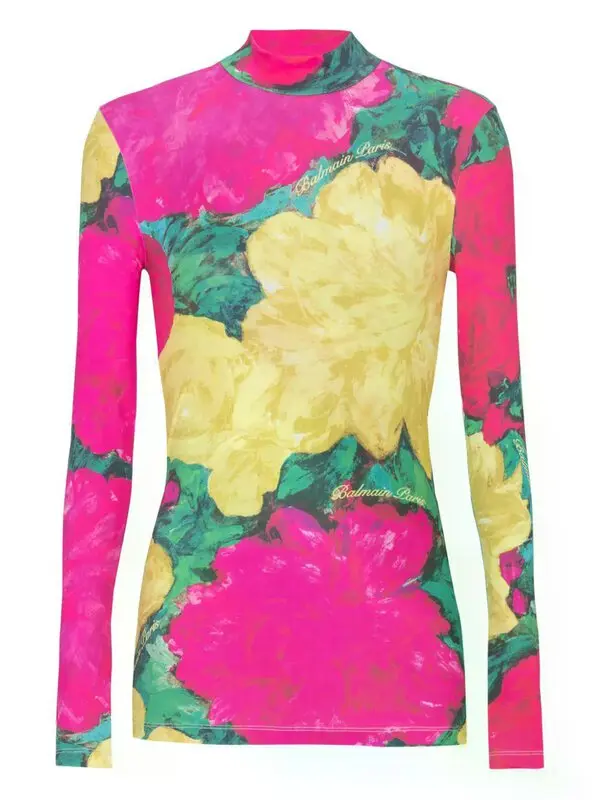 Balmain Rose-print Turtleneck Top - Pink