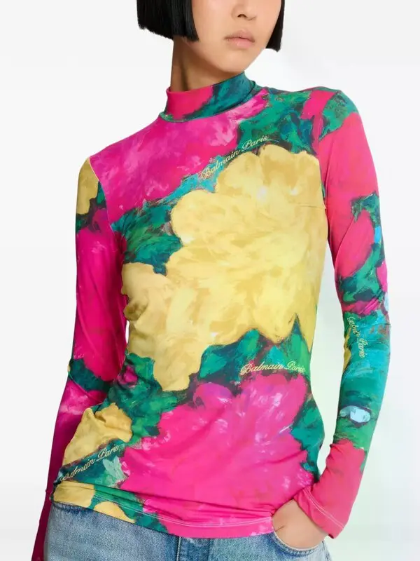 Balmain Rose-print Turtleneck Top - Pink