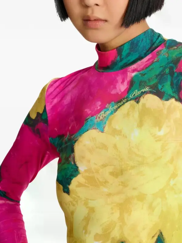 Balmain Rose-print Turtleneck Top - Pink