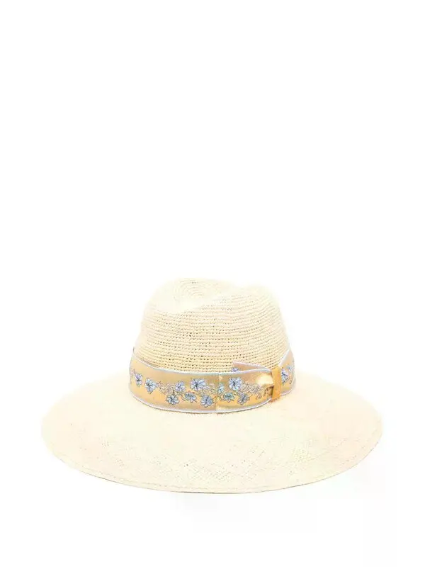 Borsalino Floral Print Ribbon Wide Brim Hat - Neutrals
