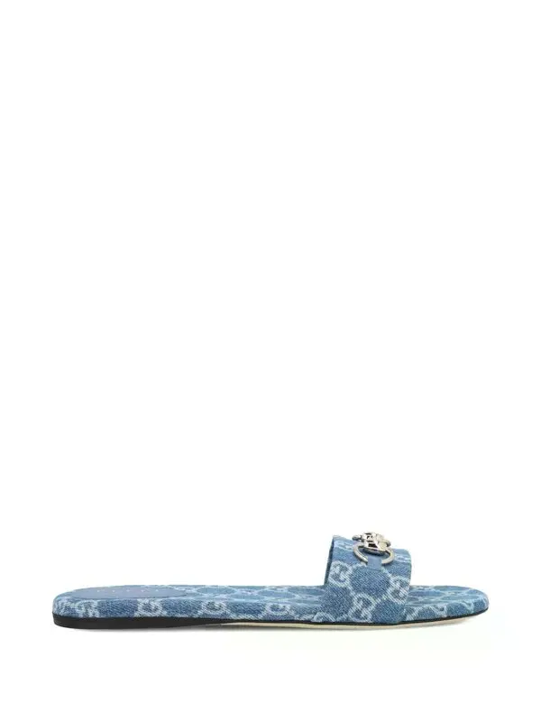 Gucci Horsebit Gg-pattern Flat Sandals - Blue