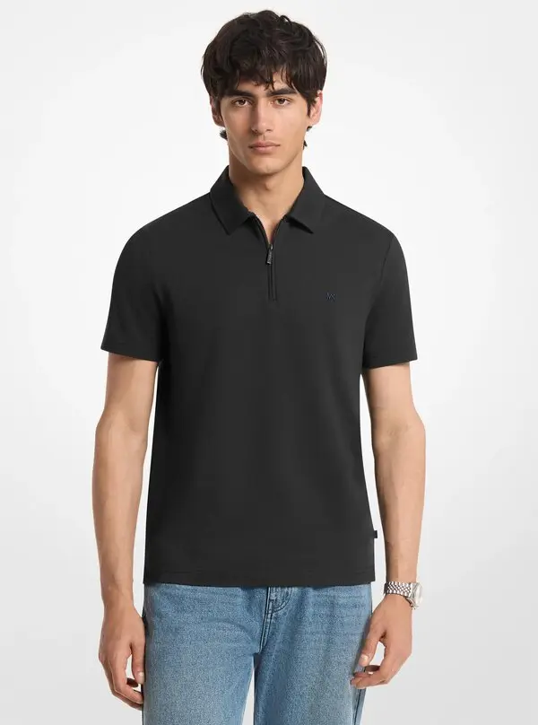 Michael Kors Cotton Blend Piqué Zip-up Polo Shirt In Size By - Black