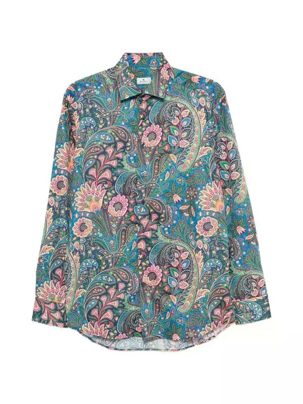 Etro Shirt In Cotton Muslin With Paisley Foliage Motif - Blue
