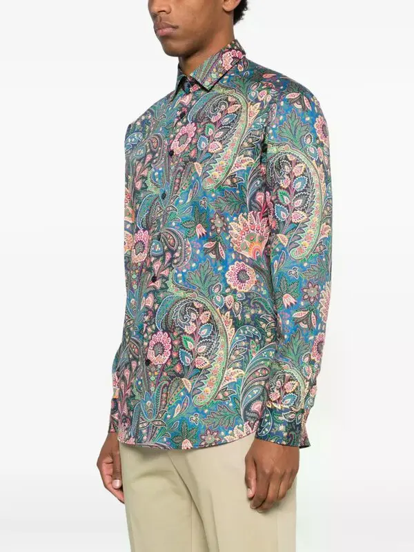 Etro Shirt In Cotton Muslin With Paisley Foliage Motif - Blue