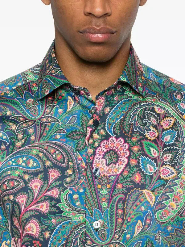 Etro Shirt In Cotton Muslin With Paisley Foliage Motif - Blue