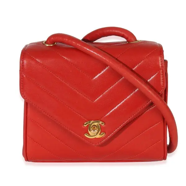 Chanel Vintage 24k Chevron Lambskin Cc Square Flap Bag - Red