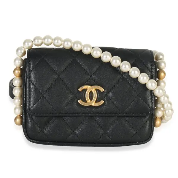 Chanel Quilted Calfskin About Pearls Card Holder With Chain - Black