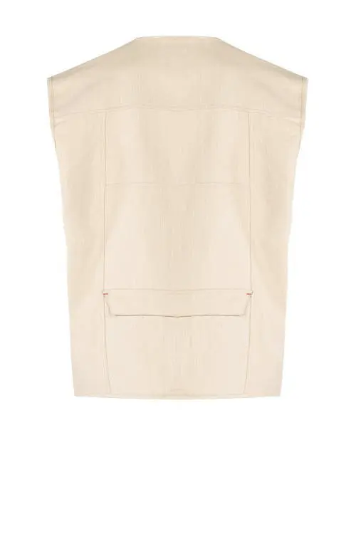 PCFG Linen Blend Zip-up Utility Vest With Pockets - Beige
