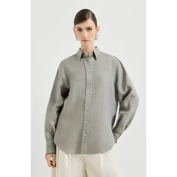 Brunello Cucinelli Linen Button Down Shirt With Monili Detail - Khaki
