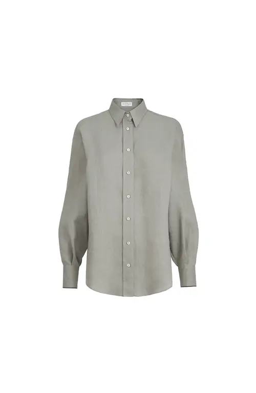 Brunello Cucinelli Linen Button Down Shirt With Monili Detail - Khaki