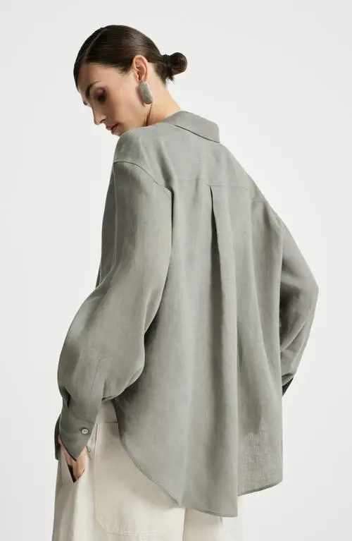 Brunello Cucinelli Linen Button Down Shirt With Monili Detail - Khaki