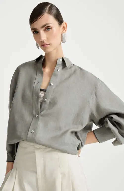 Brunello Cucinelli Linen Button Down Shirt With Monili Detail - Khaki