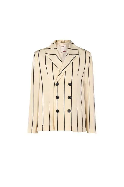 PCFG Silk & Linen Blend Striped Blazer - Grey