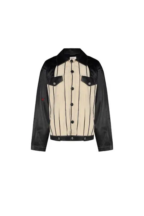 PCFG Silk & Linen Blend Striped Vegan Leather Jacket - Grey