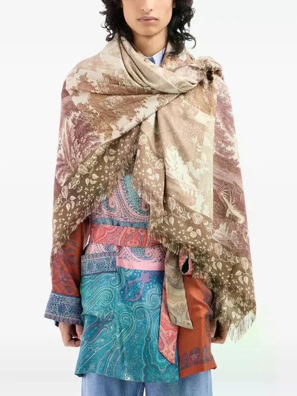 PIERRE-LOUIS MASCIA Aloeuw Printed Fringed Shawl Scarf - Brown