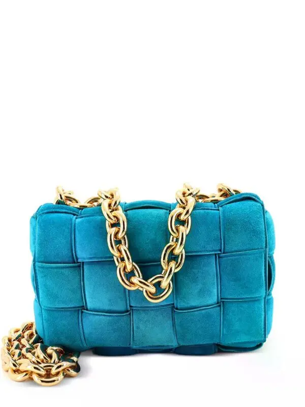 Bottega Veneta Cassette Chain Padded Maxi Intrecciato Suede Crossbody Bag - Blue