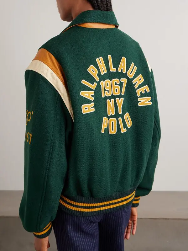 Polo Ralph Lauren Appliquéd Striped Leather-trimmed Wool-blend Varsity Jacket