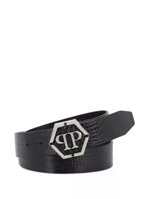 Philipp Plein Croc Effect Leather Belt With Logo Buckle - Black