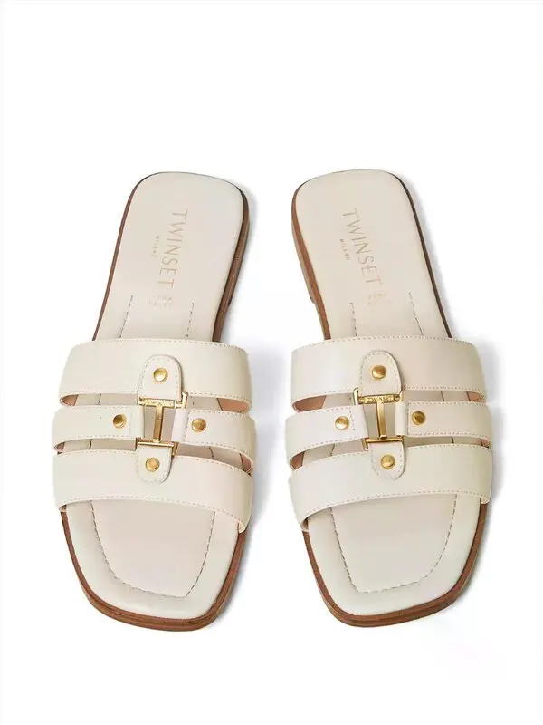 TWINSET Logo Detail Leather Flat Sandals