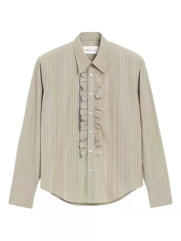 AMI Paris Ruffled-detail Long-sleeve Striped Shirt