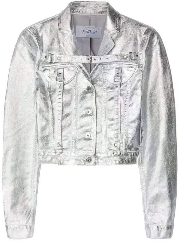 Off-White Laminated Metallic Cropped Jacket - Silver