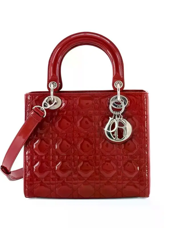 Dior Lady Cannage Quilt Patent Medium Satchel - Red