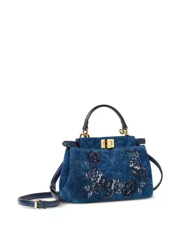 Fendi Mini Peekaboo Floral-embroidered Denim Tote - Blue