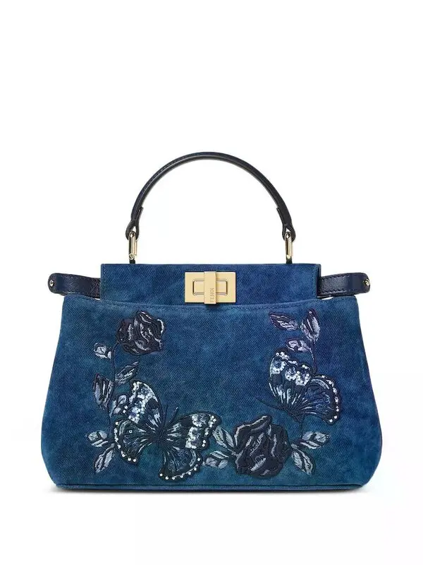 Fendi Mini Peekaboo Floral-embroidered Denim Tote