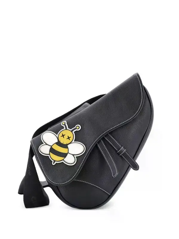 Dior Kaws Saddle Leather Applique Crossbody Bag - Black
