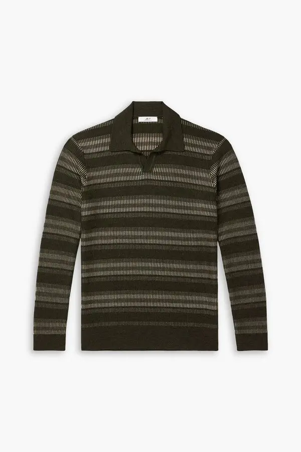Mr P. Striped Ribbed Merino Wool Polo Sweater