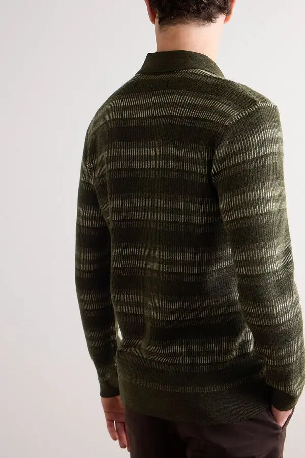 Mr P. Striped Ribbed Merino Wool Polo Sweater
