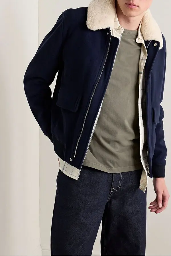 Mr P. Shearling-trimmed Wool-blend Felt Bomber Jacket - Navy