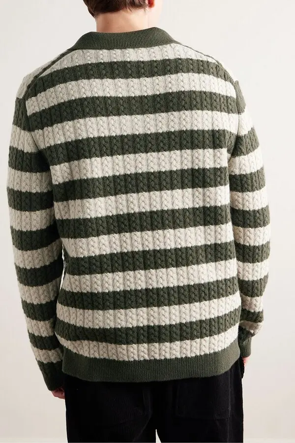 Mr P. Striped Cable-knit Wool Polo Shirt