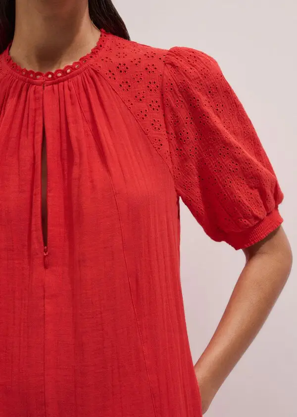 Me+Em Embroidered Cheesecloth Short Dress - Poppy Red | Editorialist